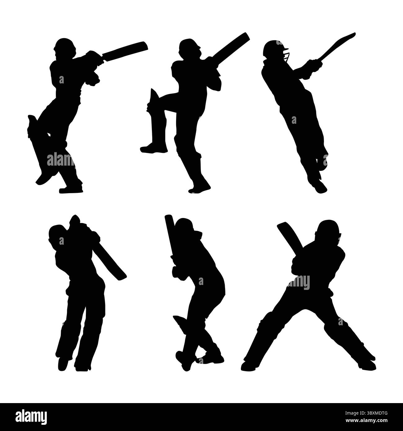 Set of cricket batsman shot, batsman black silhouettes shapes drawing ...