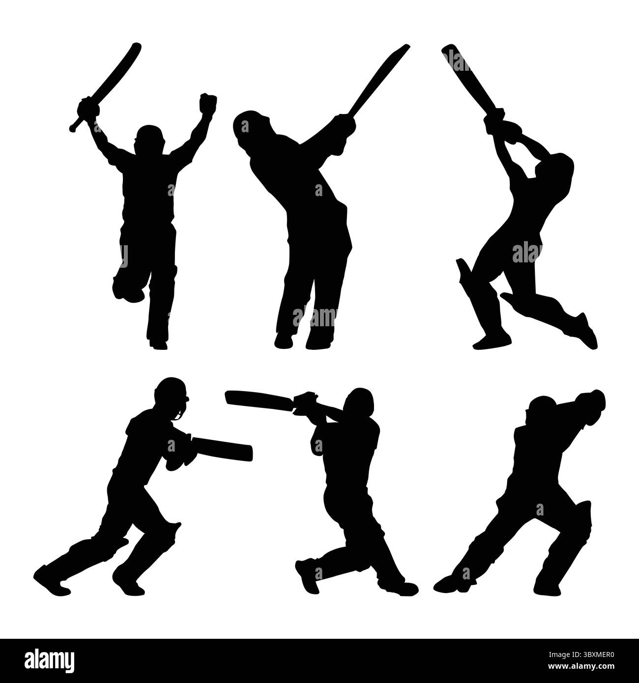 Set of cricket batsman shot, batsman black silhouettes shapes drawing ...