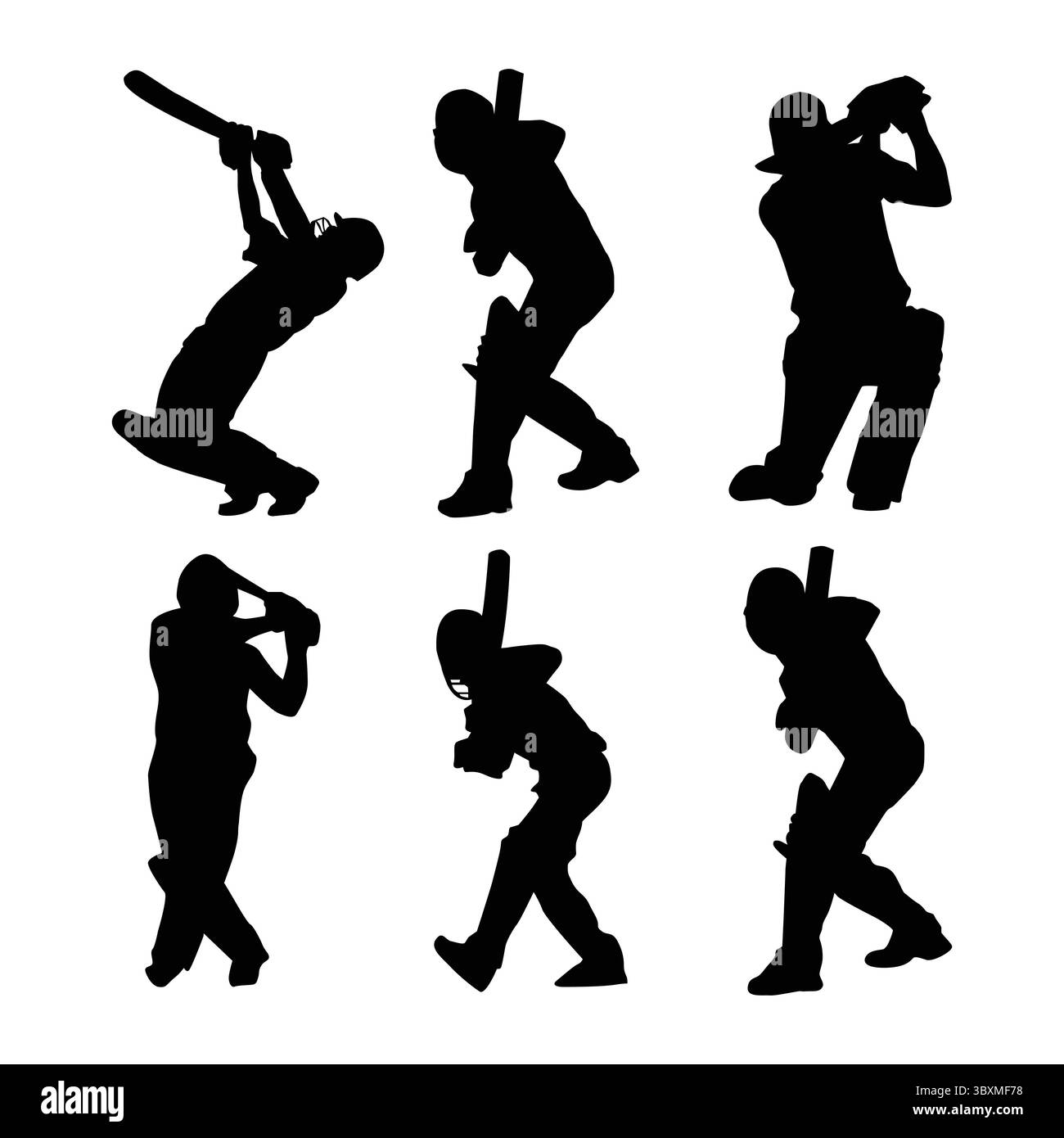 Set of cricket batsman shot, batsman black silhouettes shapes drawing ...
