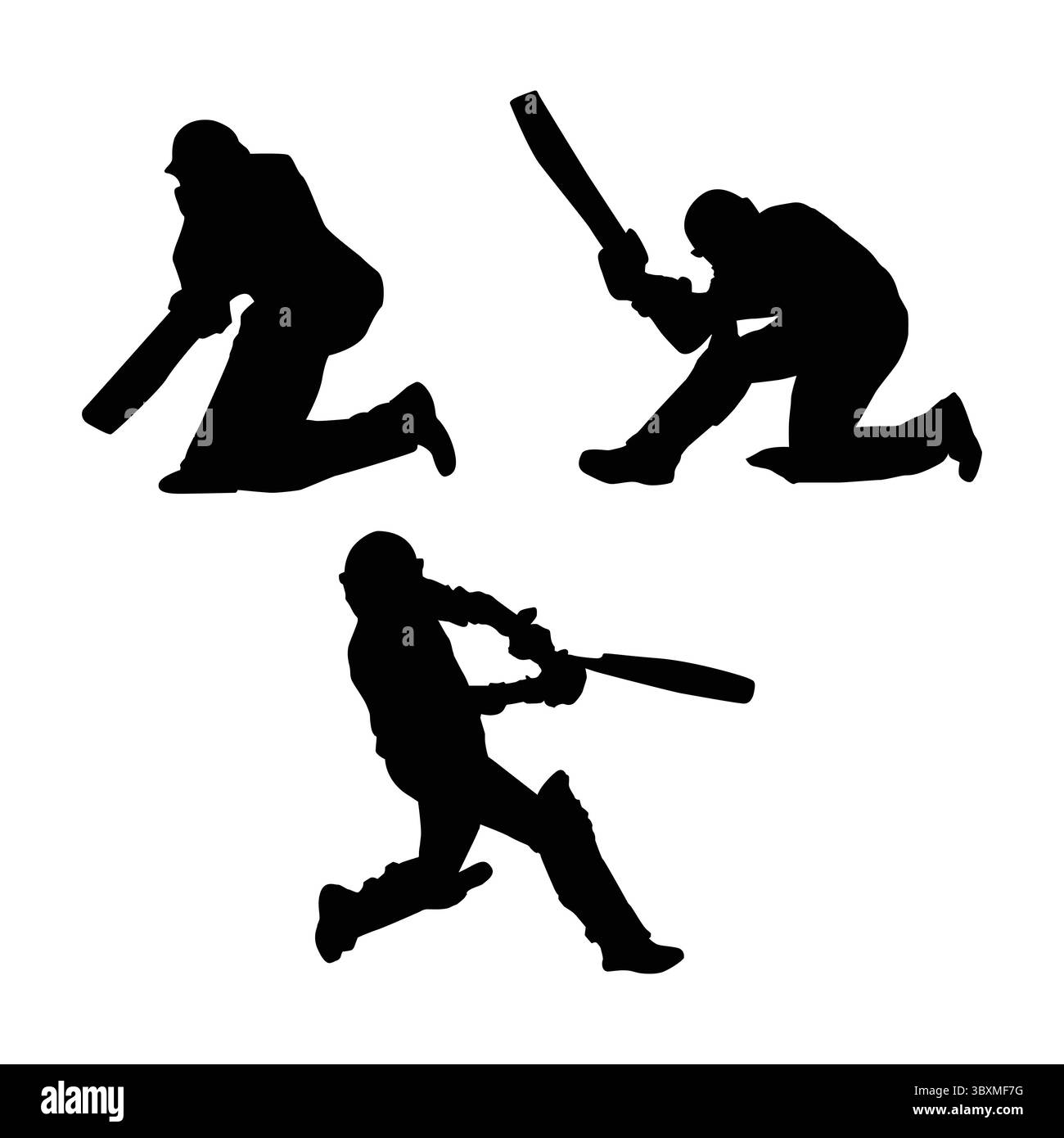 Set of cricket batsman shot, batsman black silhouettes shapes drawing ...