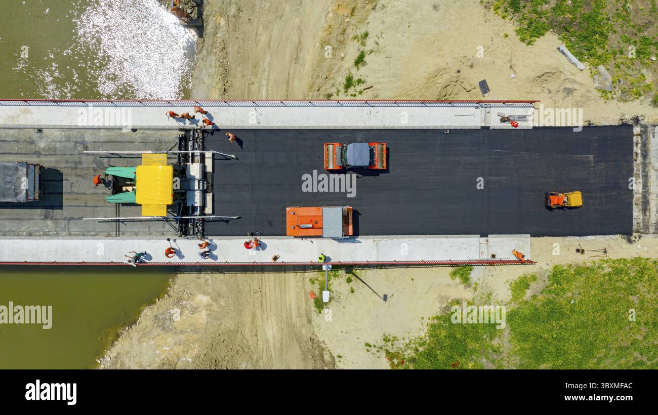 Above top view, overhead, on transportation with truck delivery of hot ...