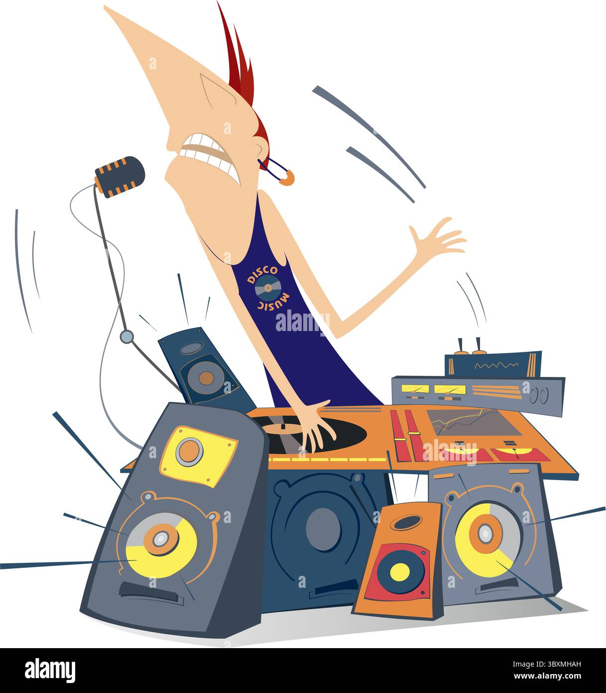 Cartoon DJ performing music and singing. DJ in action. Comic DJ mixing ...