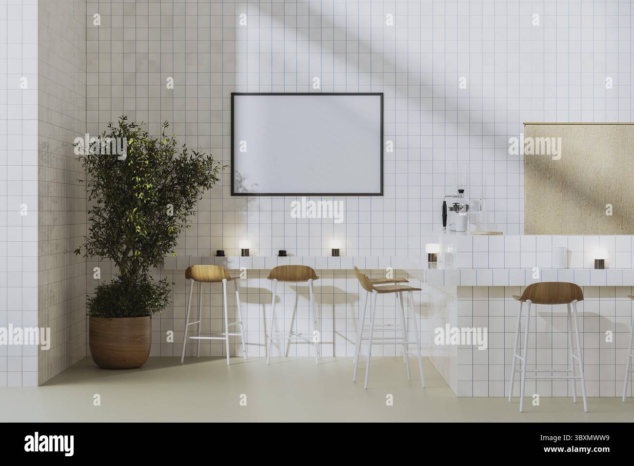 Blank horizontal frame mock up in modern coffee shop interior with ...