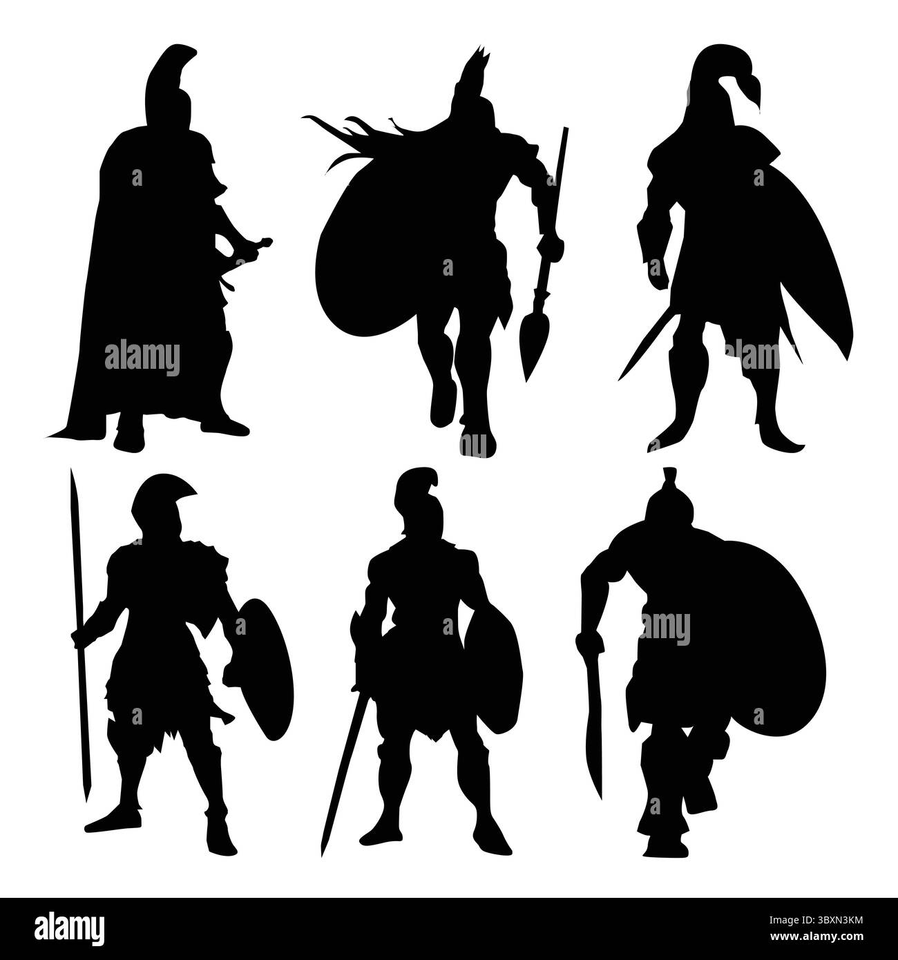 Set of Spartan or Trojan ancient Greek hoplite warrior silhouettes ...