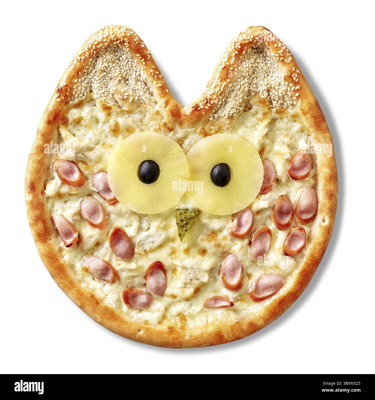 Funny owl-shaped pizza with cream cheese sauce, chicken, Vienna sausage ...