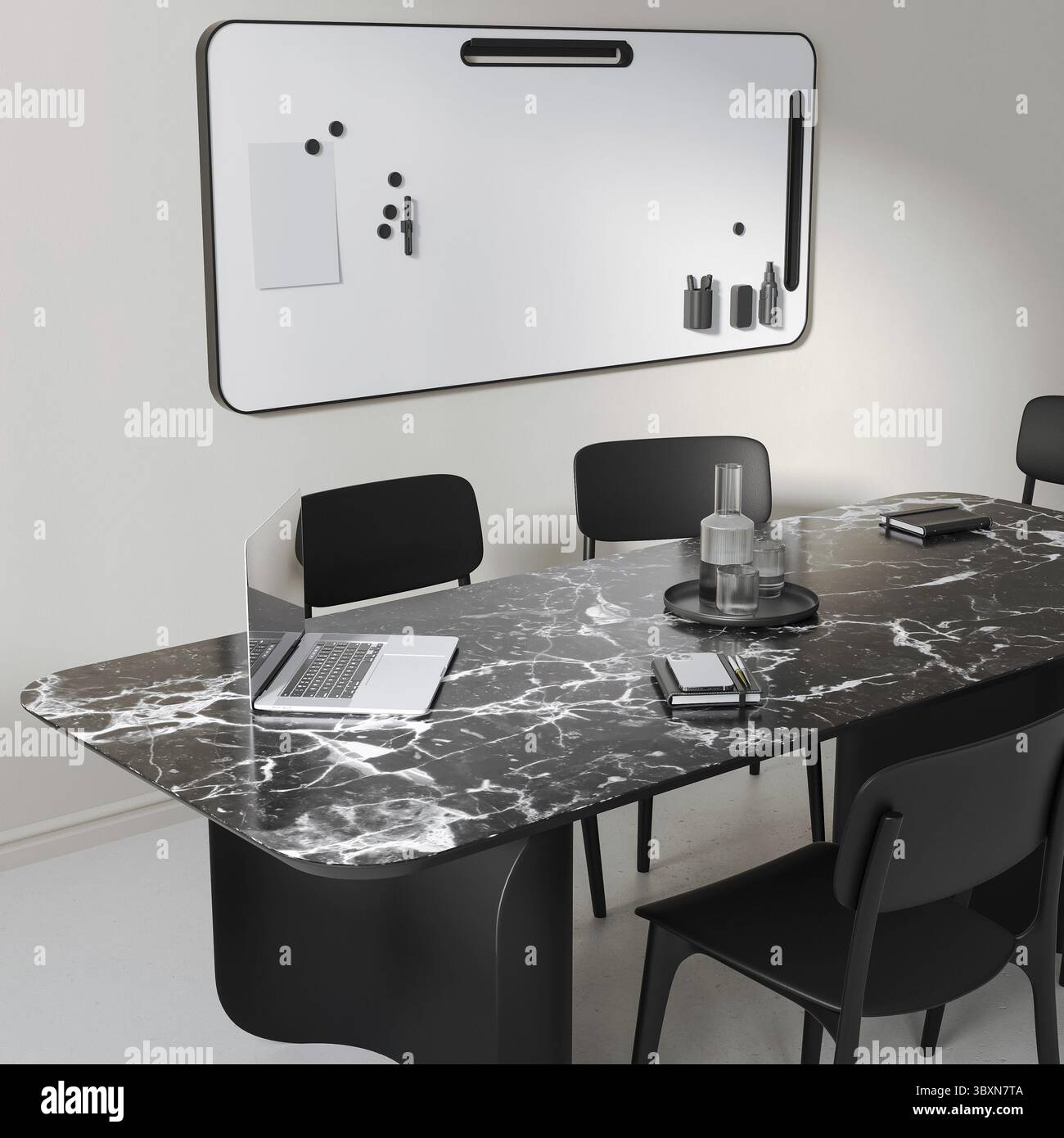 Office meeting room with long conference table and chairs, laptop and ...