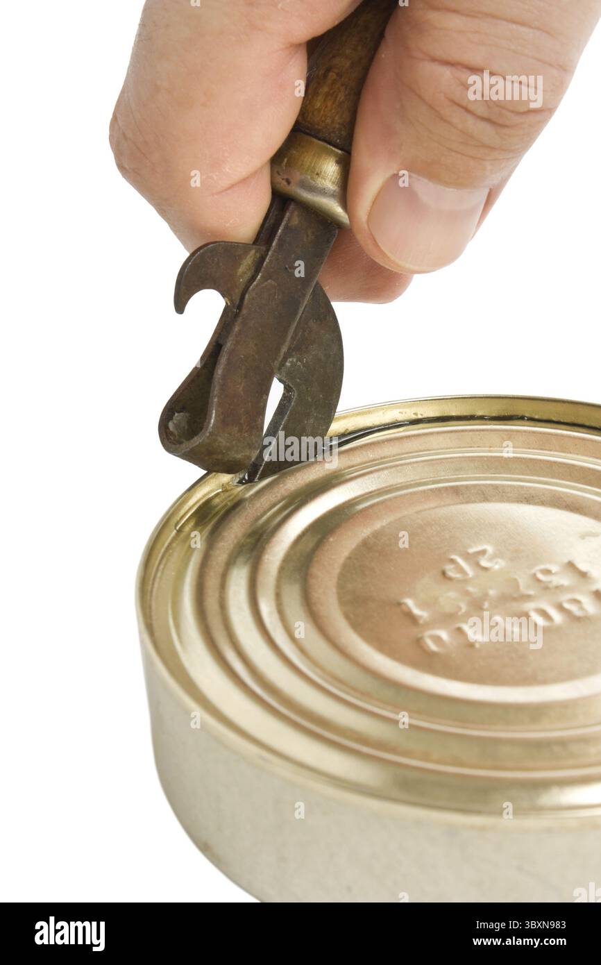 Opening tin isolated on white background Stock Photo - Alamy