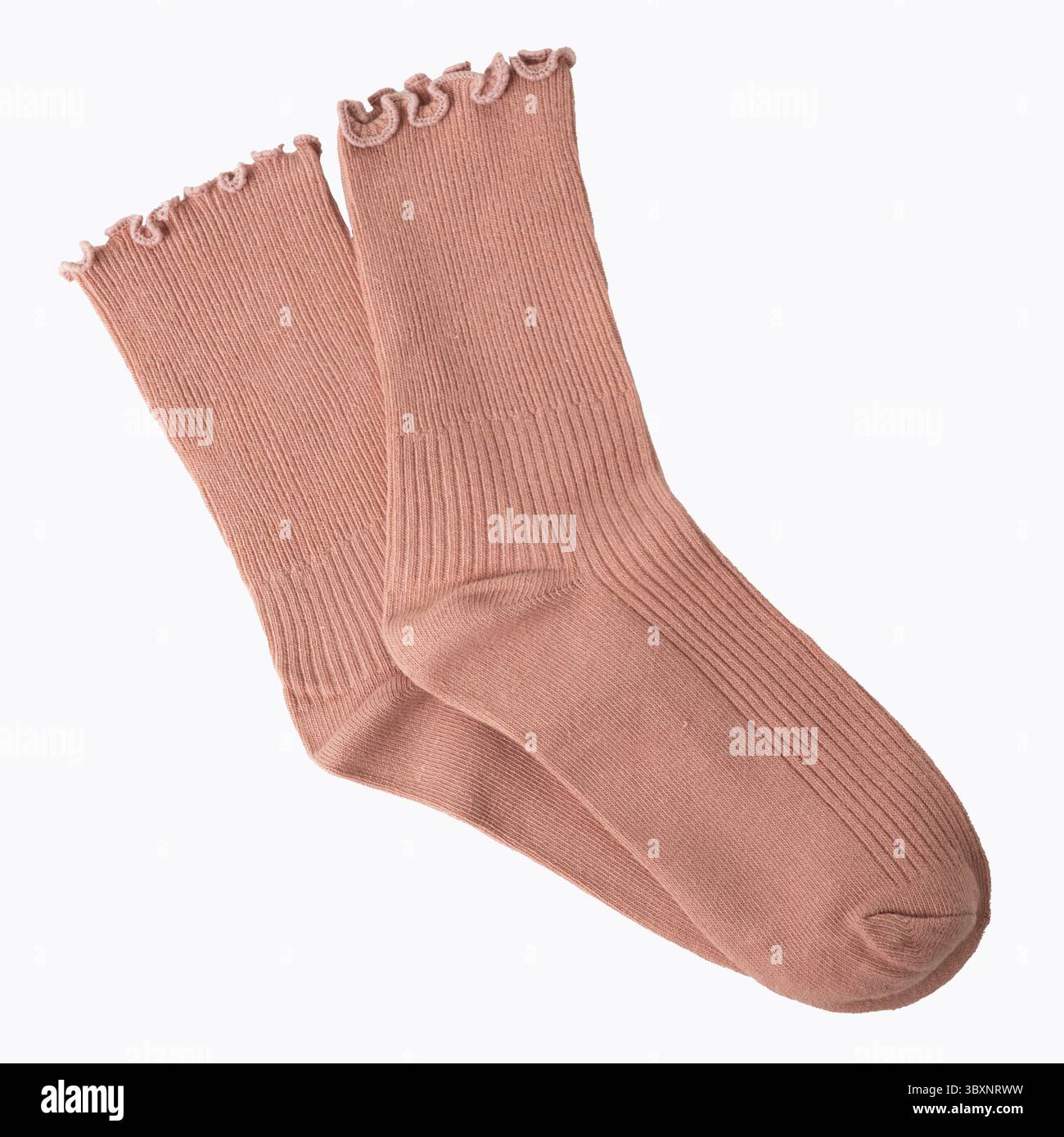 Pink knit ruffle socks on white background Stock Photo - Alamy