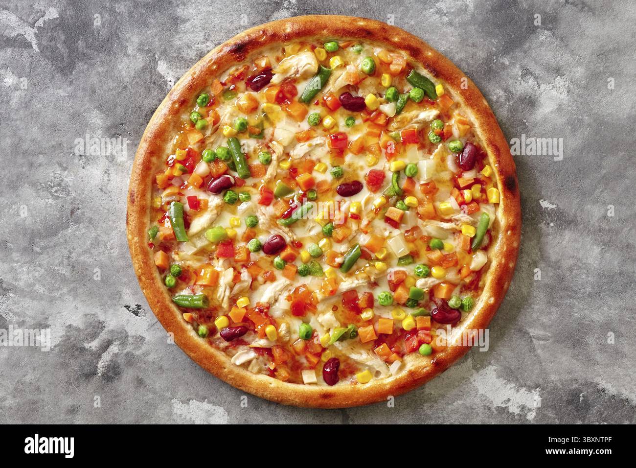 Colorful spicy pizza with mozzarella, slices of sous vide chicken ...