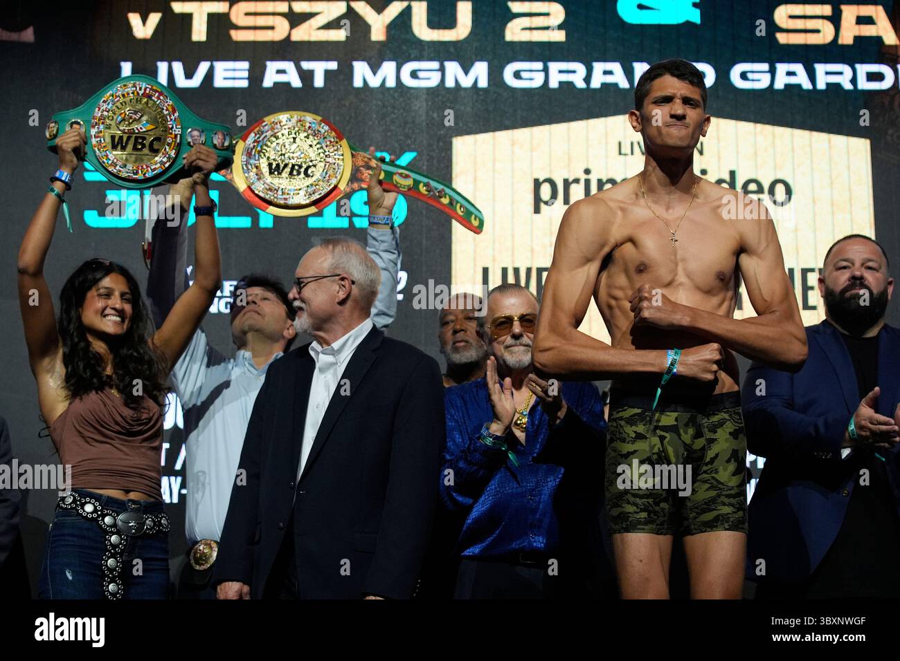 Sebastian Fundora poses on the scale at a ceremonial weigh in Friday ...