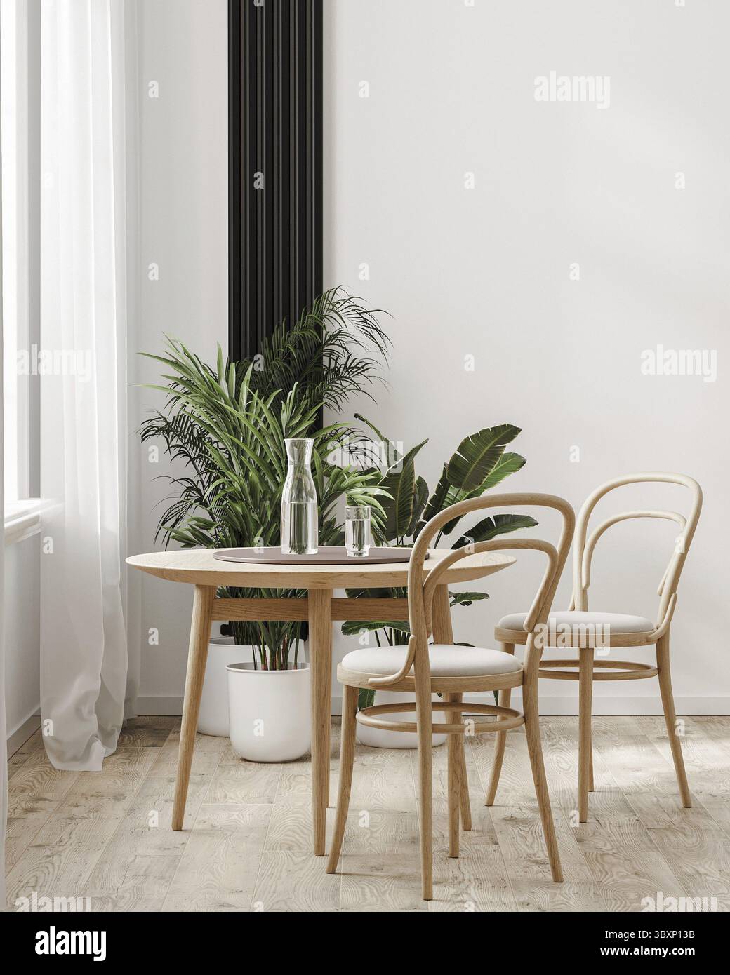 Dining table with wooden chairs near window, modern home interior, 3d ...