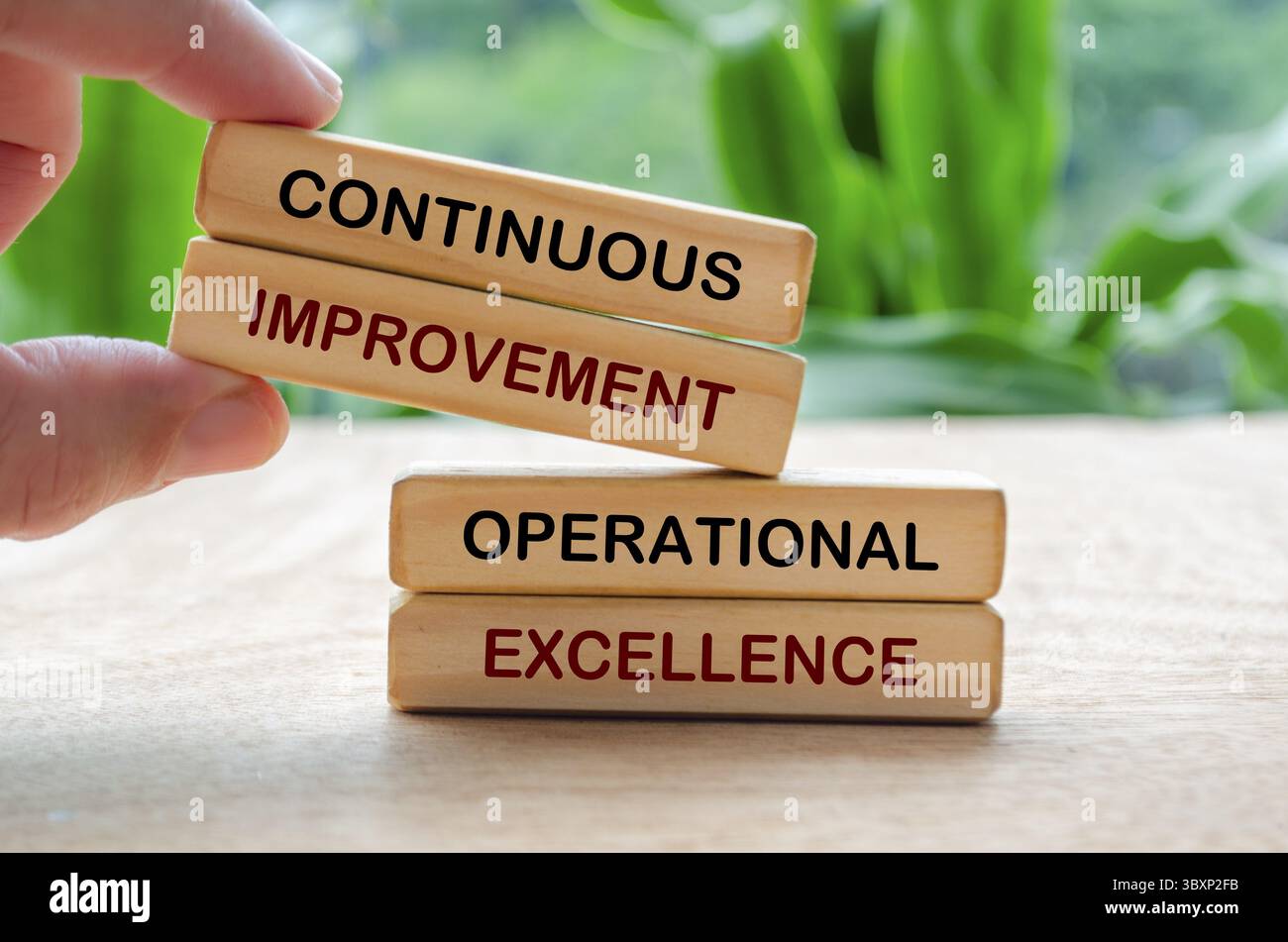 Continuous improvement and operational excellence text on wooden blocks ...