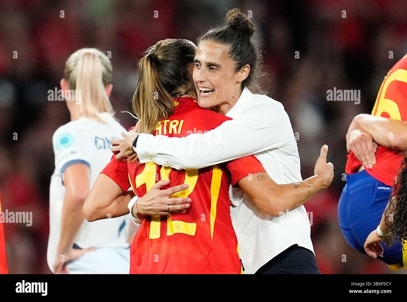 Spain manager Montse Tome (right) and Patricia Guijarro after the UEFA ...