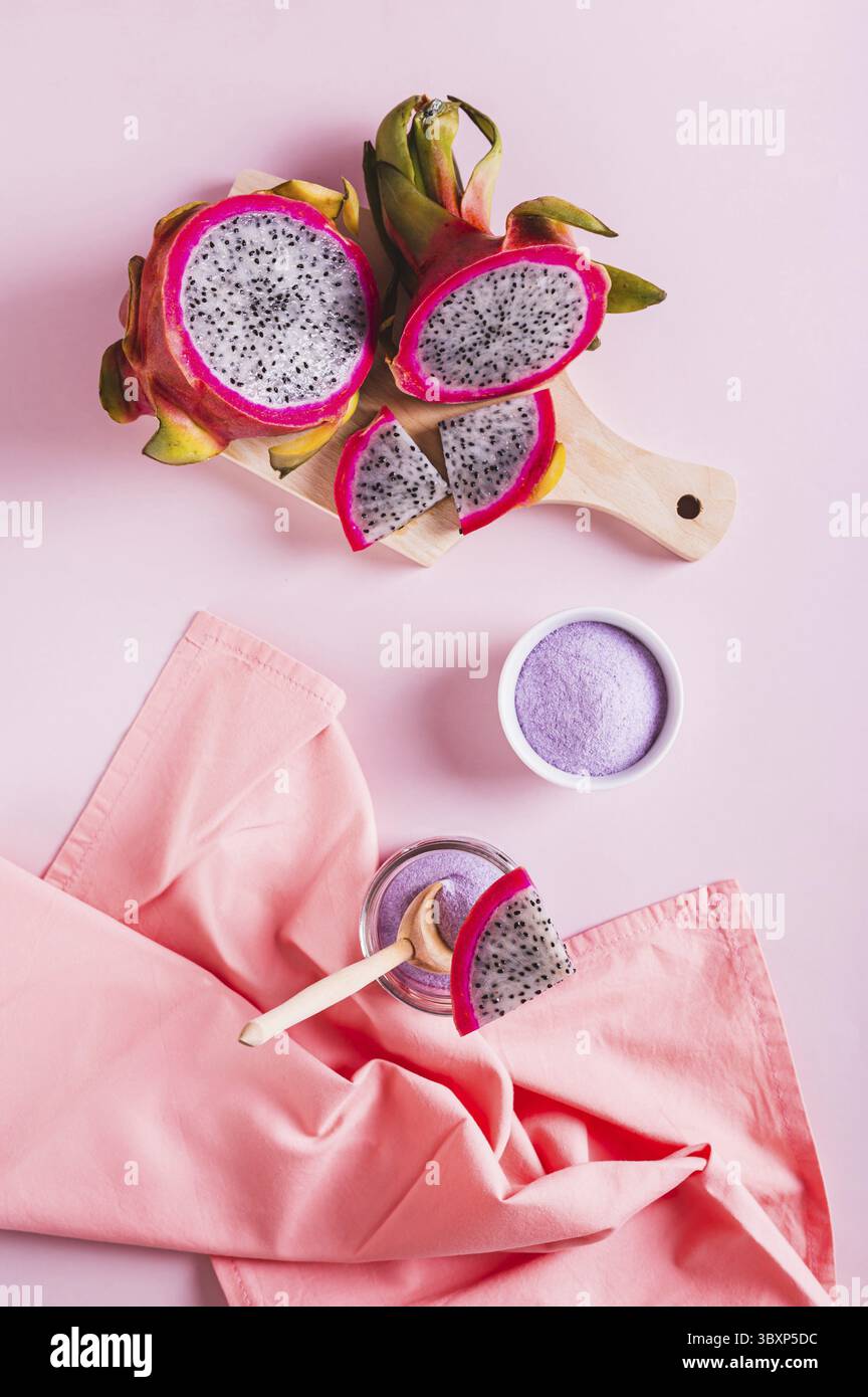 Food, Pink matcha powder from dragon fruit in a bowl and jar on the ...