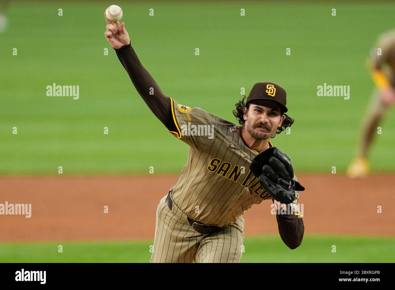 San Diego Padres starting pitcher Dylan Cease throws to the Washington ...