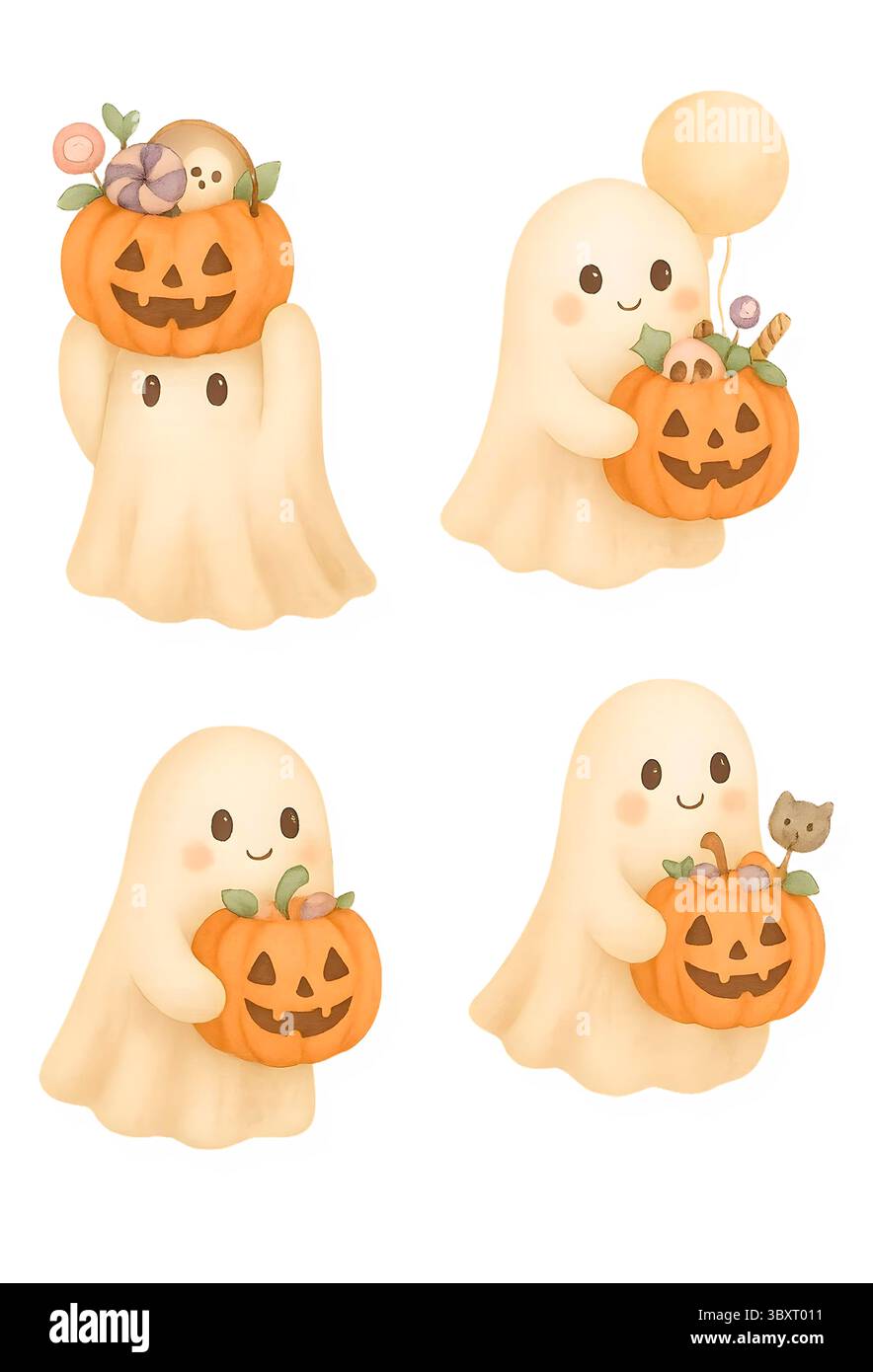 Cute Halloween Ghost Clipart – Soft Watercolor Illustrations for Spooky ...