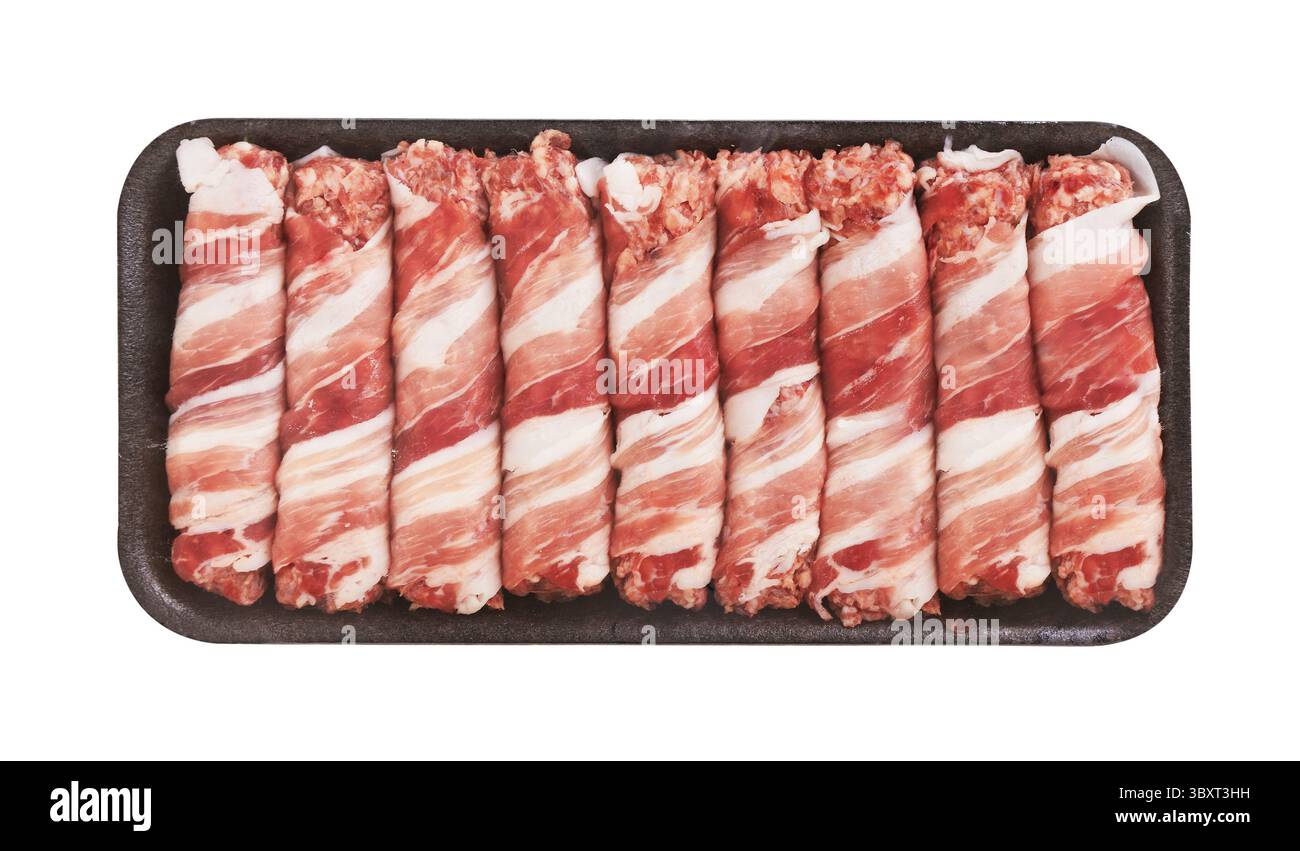 Meat rolls with bacon in package, isolated on white Stock Photo - Alamy