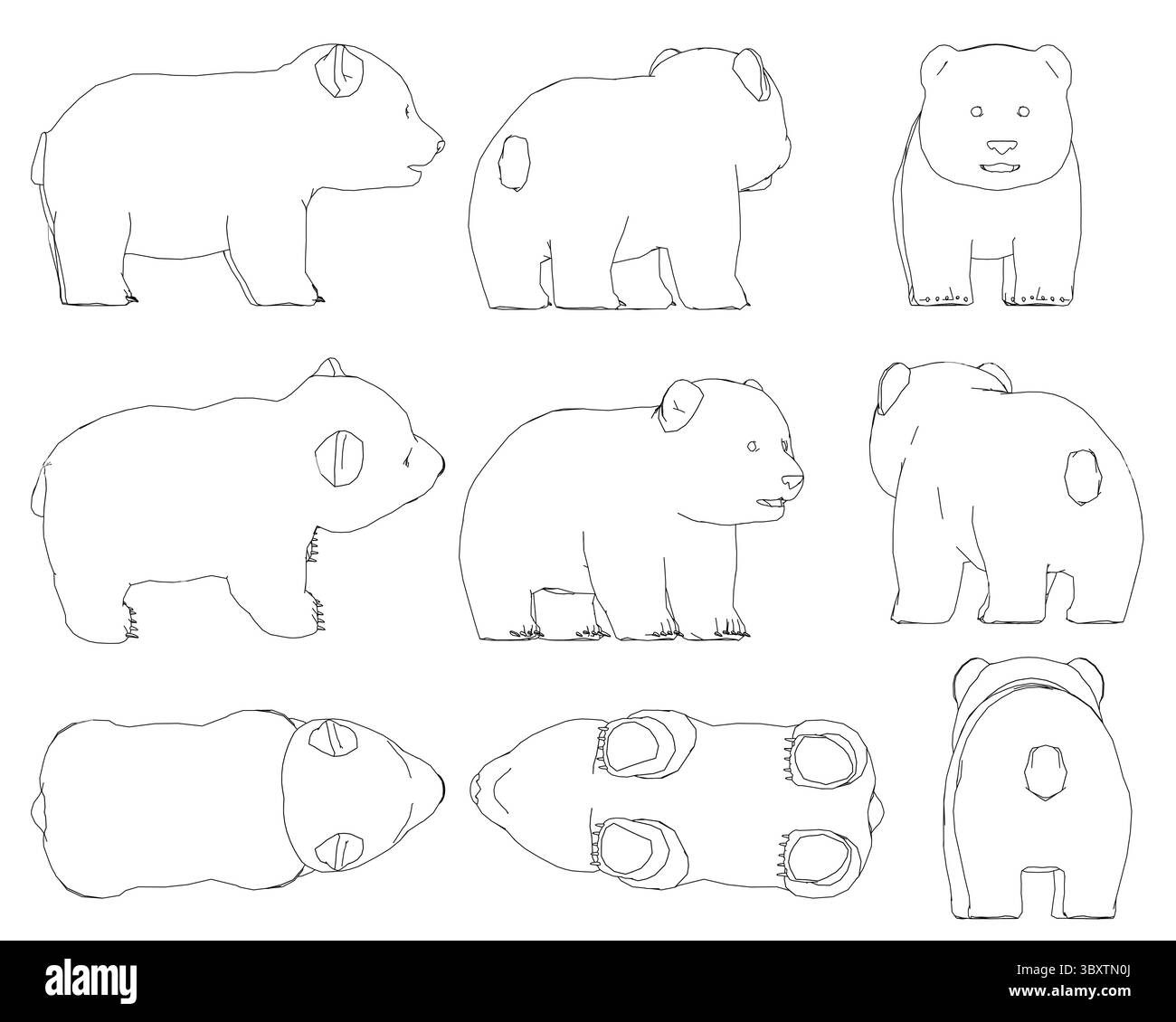 The image is a series of drawings of Panda in different poses. The ...