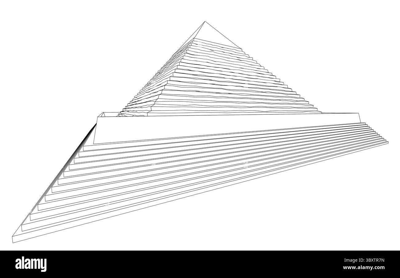 A pyramid is shown in black and white. The pyramid is very tall and has ...