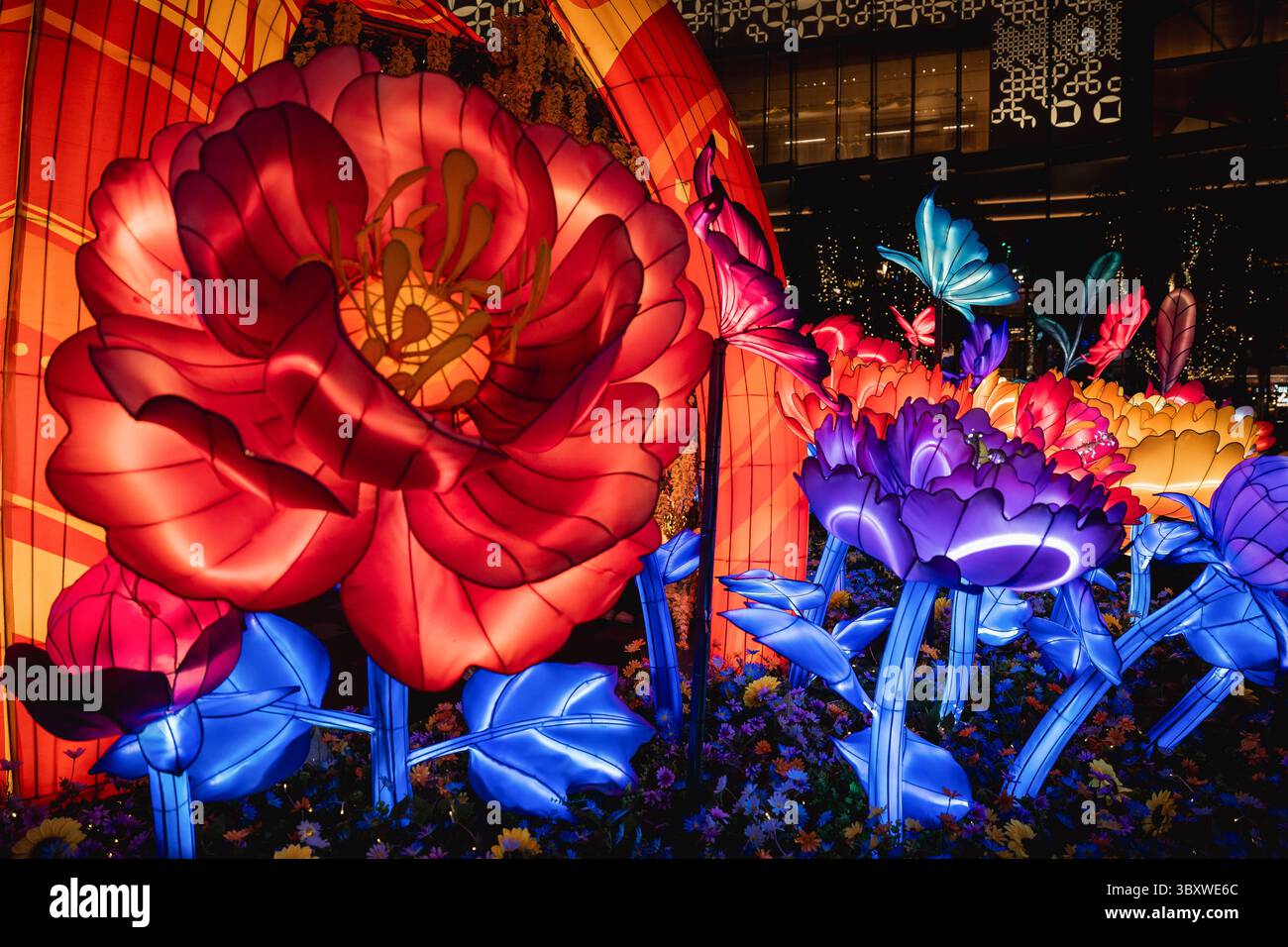A close-up of illuminated floral lanterns at the Yuyuan Lantern ...
