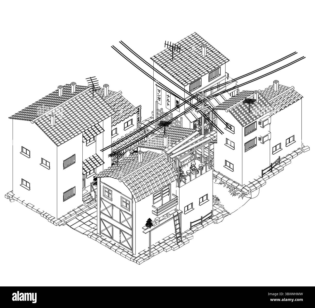 A drawing of a city with a house in the middle. The house has a garage ...