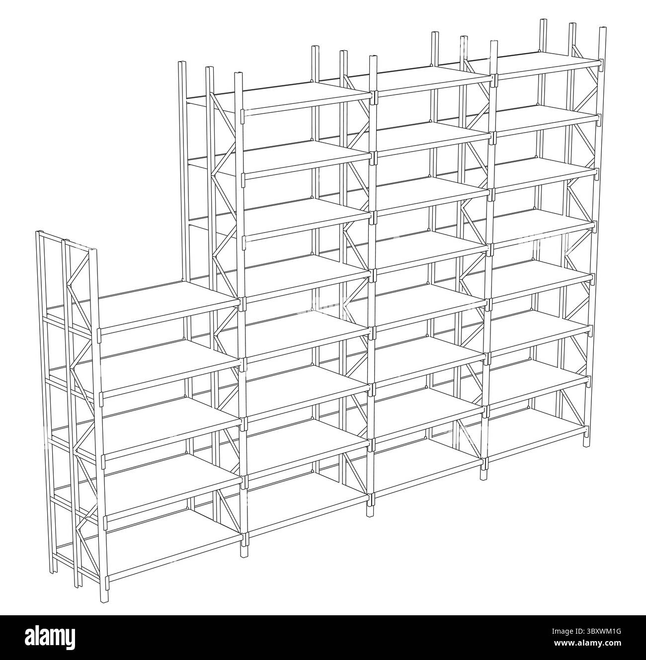 A shelf with many shelves is shown in a drawing. The shelves are white ...