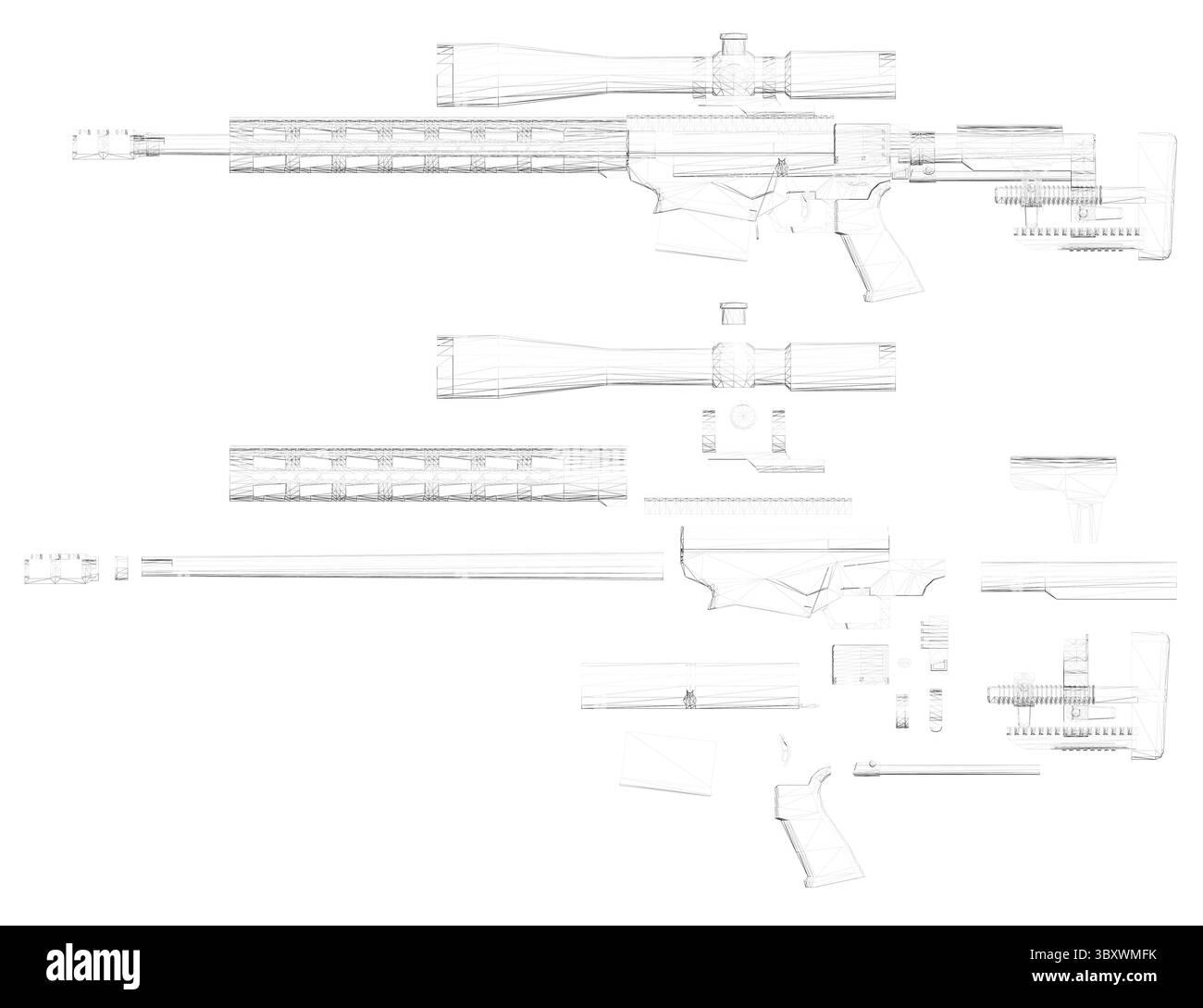 A series of guns are shown in a line, with the first one being a rifle ...