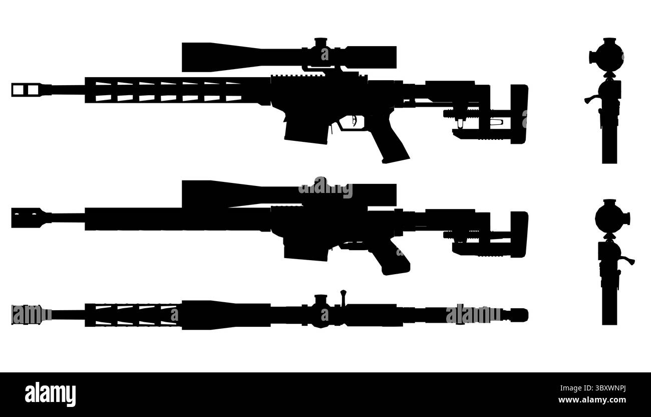 Three guns are shown in a black and white image. The guns are all ...