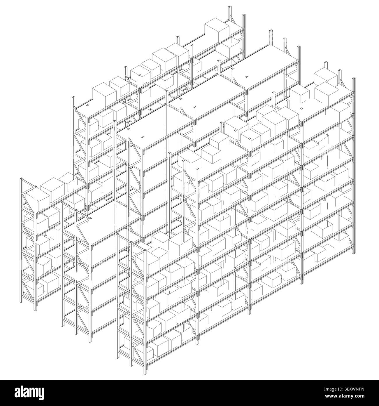 A series of shelves are shown in a 3D drawing. The shelves are made of ...