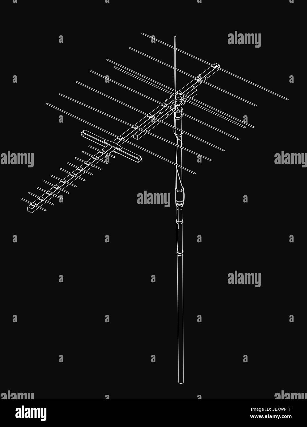 A black and white drawing of a television antenna. The antenna is tall ...