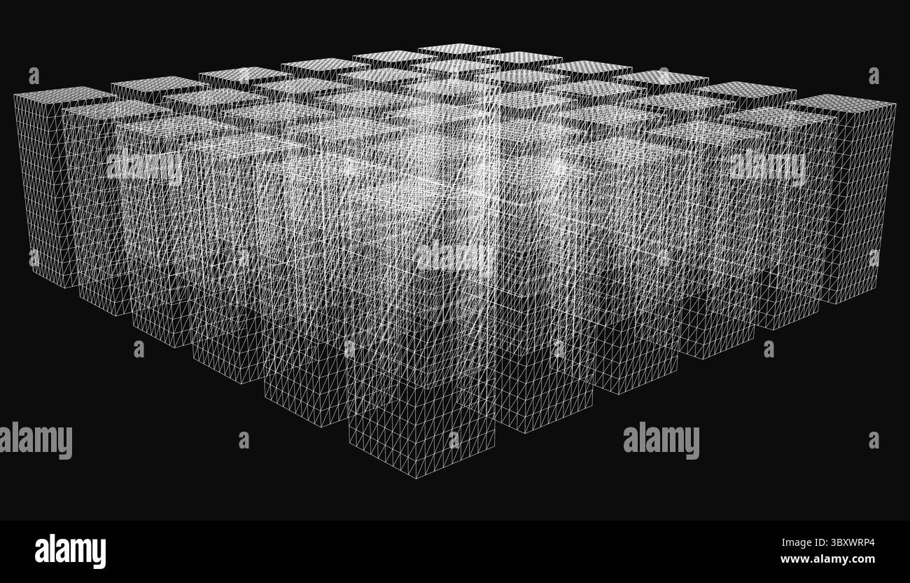 A cube of white pixels with a black background. The cube is filled with ...