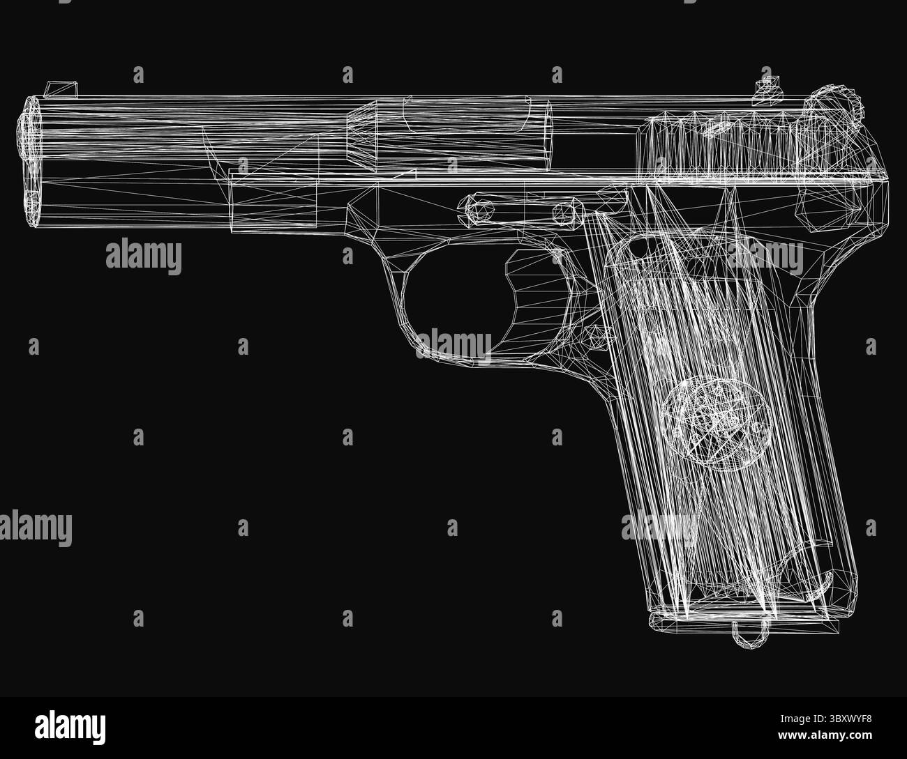 3D wireframe model of a pistol with intricate blueprint details ...