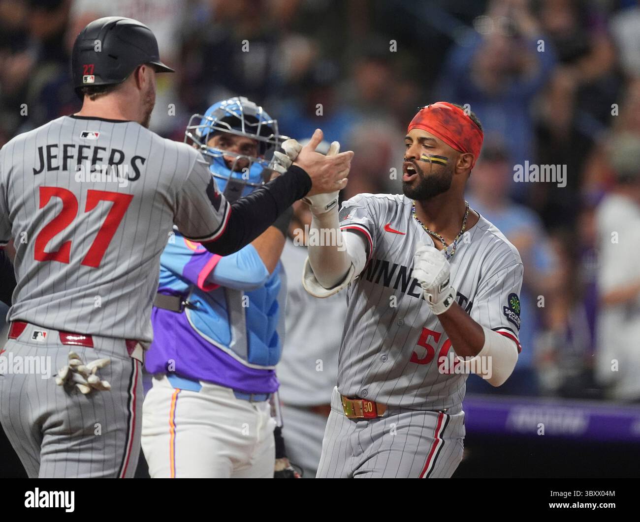 Minnesota Twins' Ryan Jeffers (27) congratulates Willi Castro as he ...