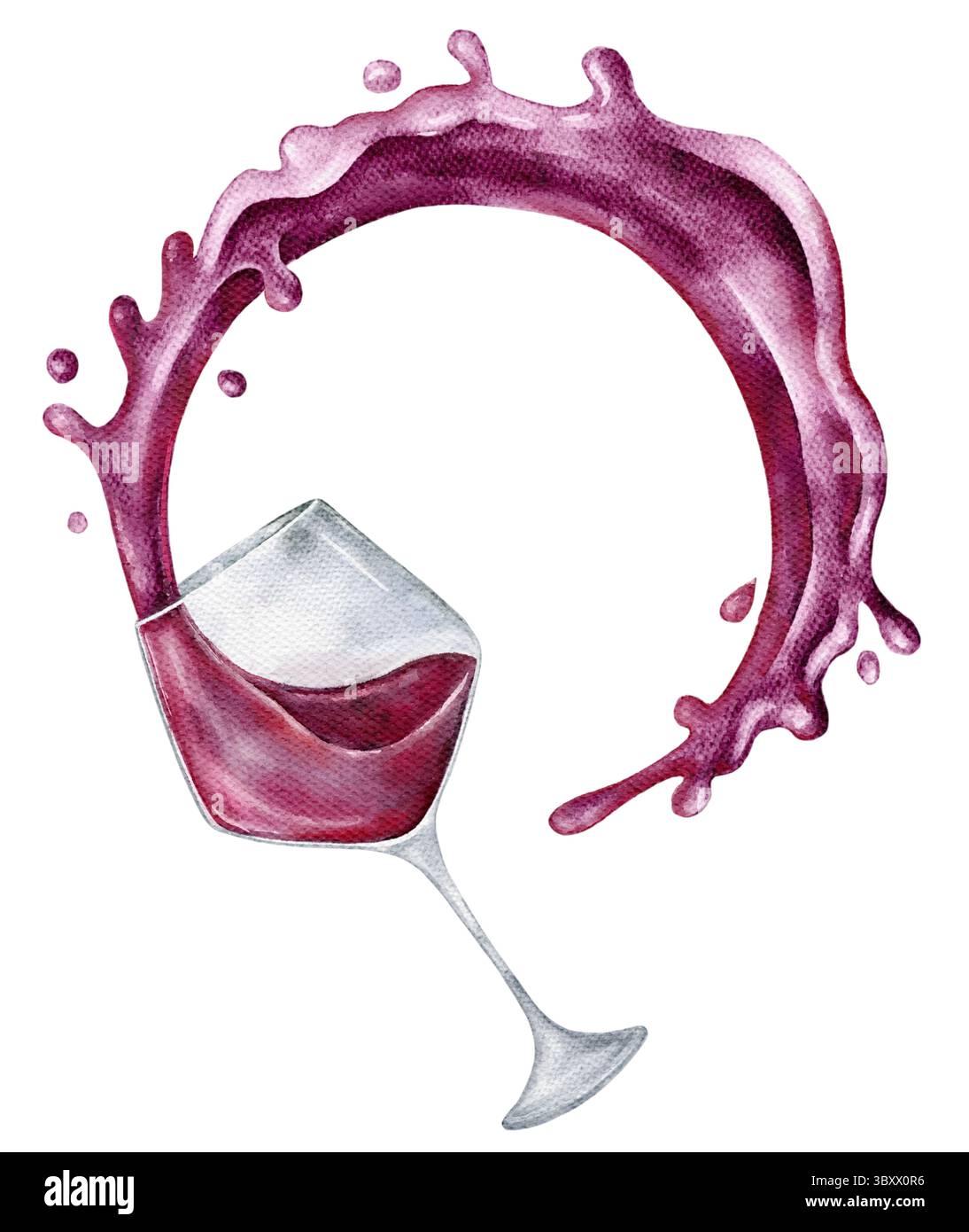 Watercolor illustration of a red wine glass with a purple splash ...