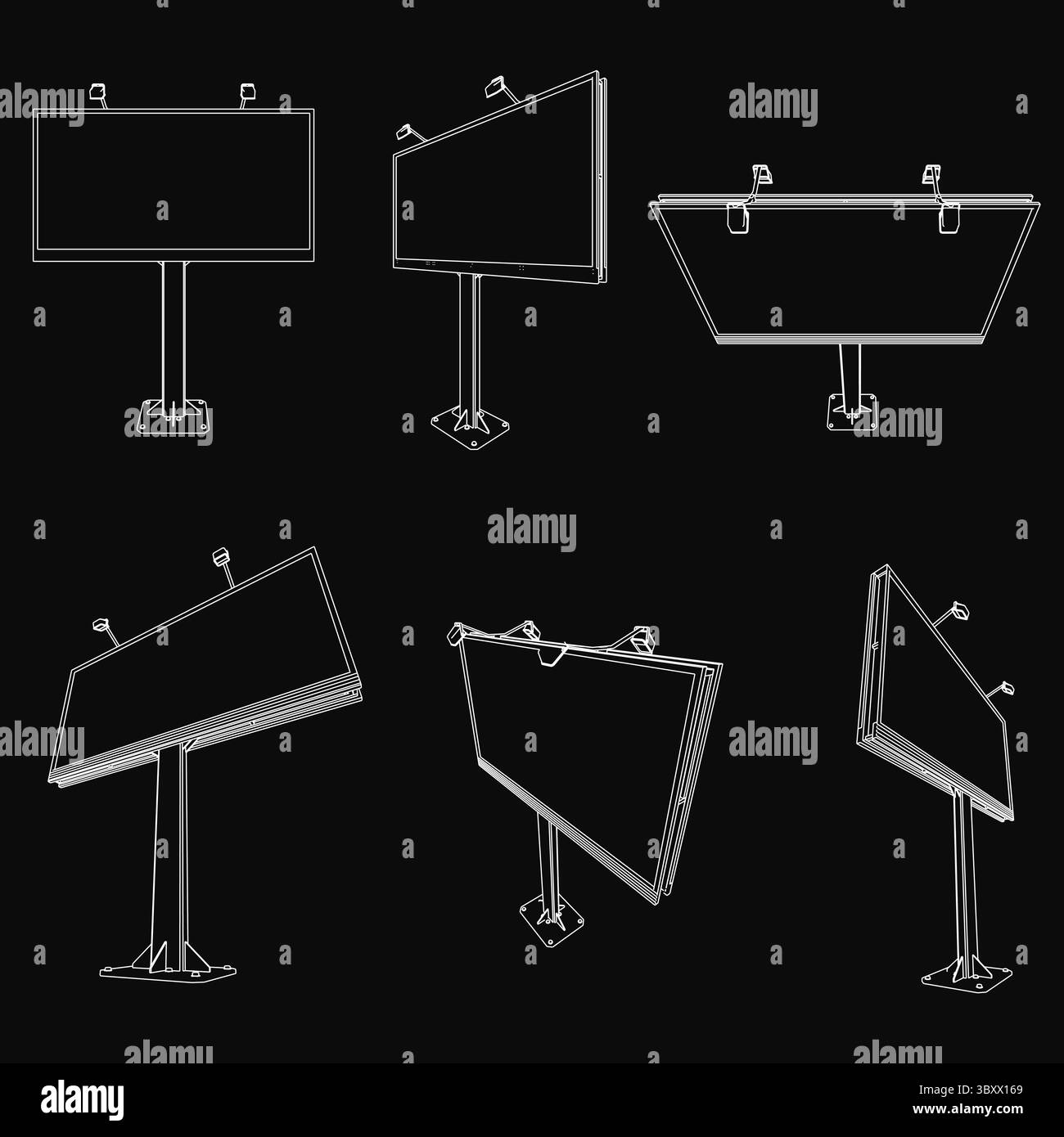 A series of black and white drawings of billboards. The billboards are ...
