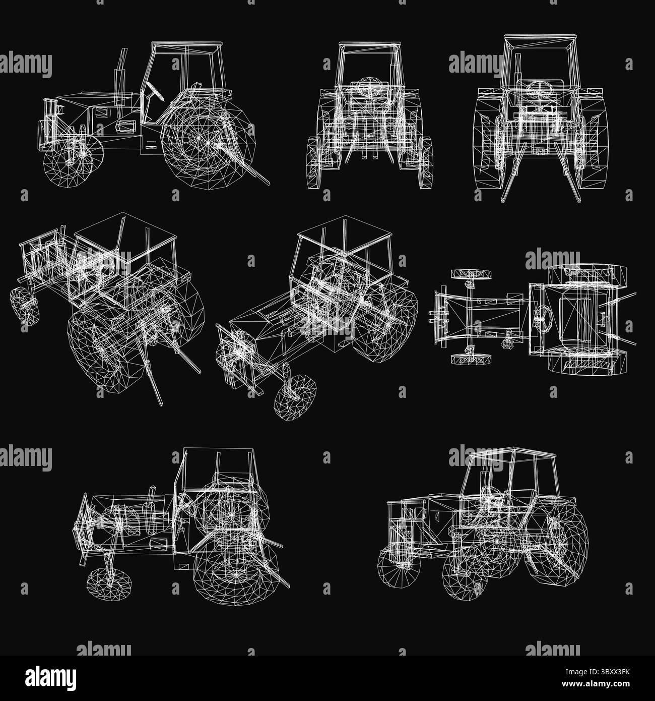 Tractors arranged in a grid on a black background, each with unique ...