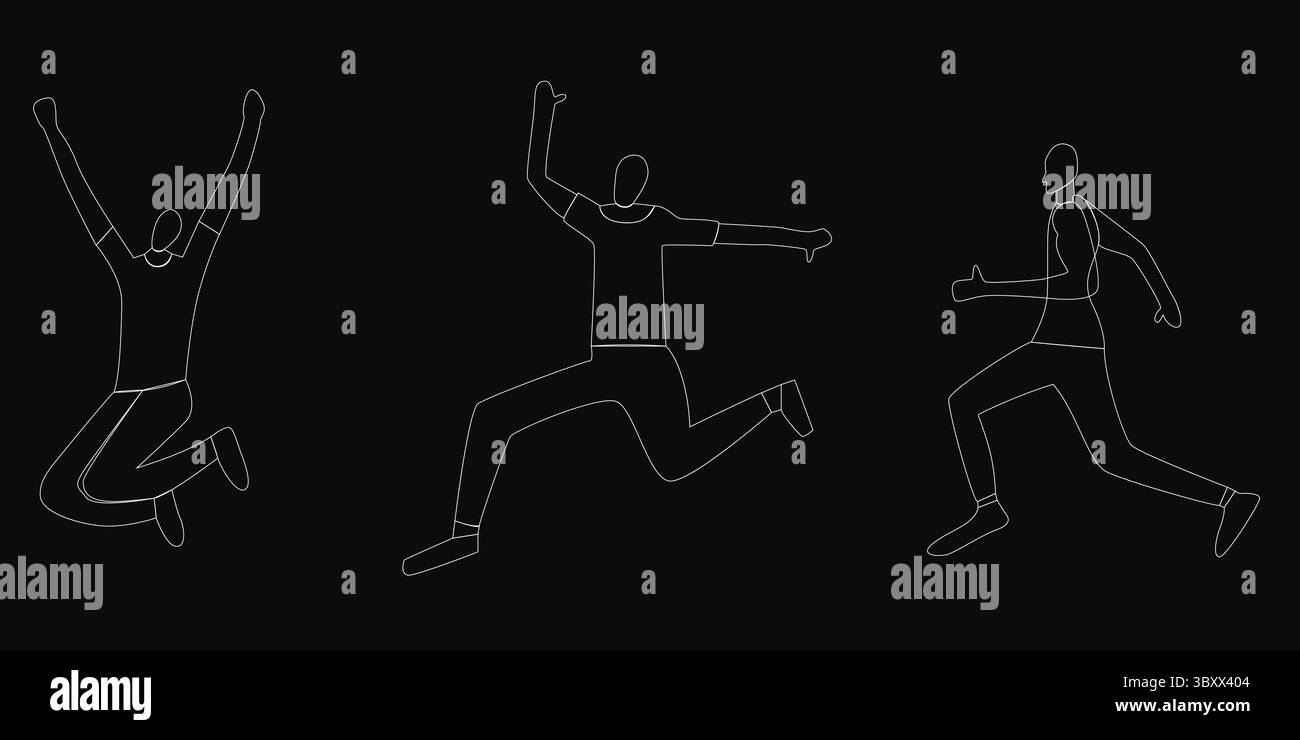 Three men jumping in mid-air with arms outstretched against a black ...