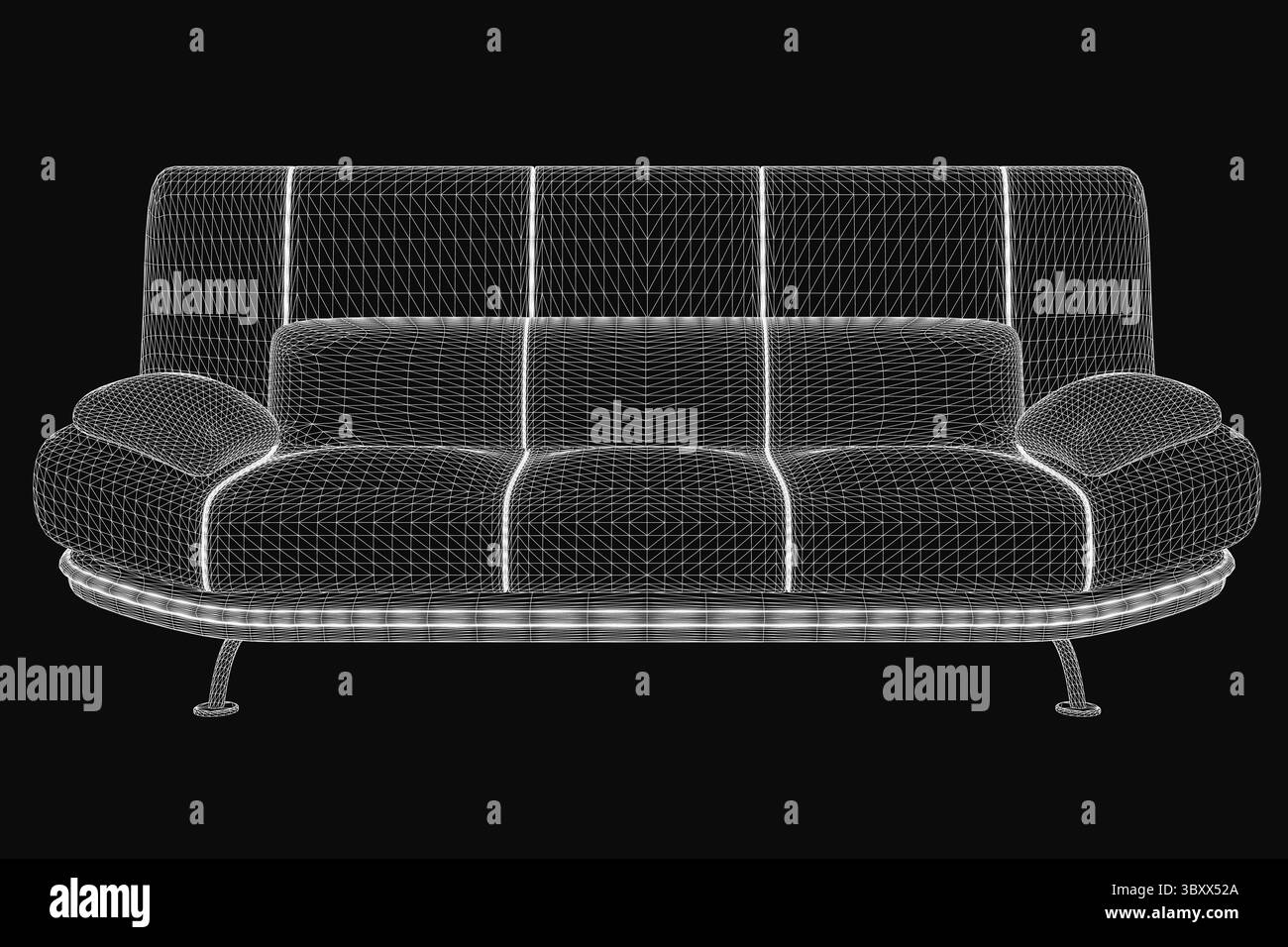 3D wireframe sofa model on a black background, showcasing realistic ...