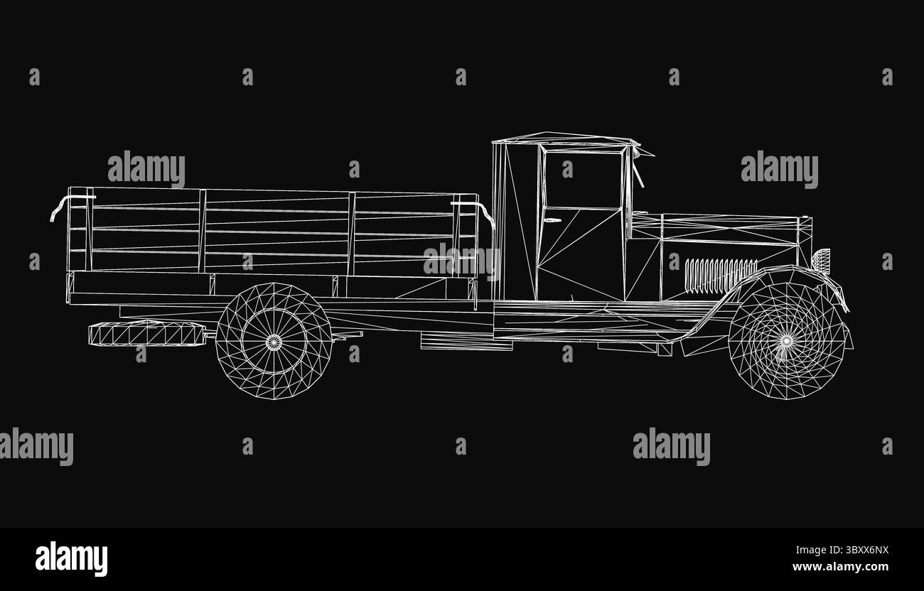 Vintage truck with a black trailer stands on a dark background ...