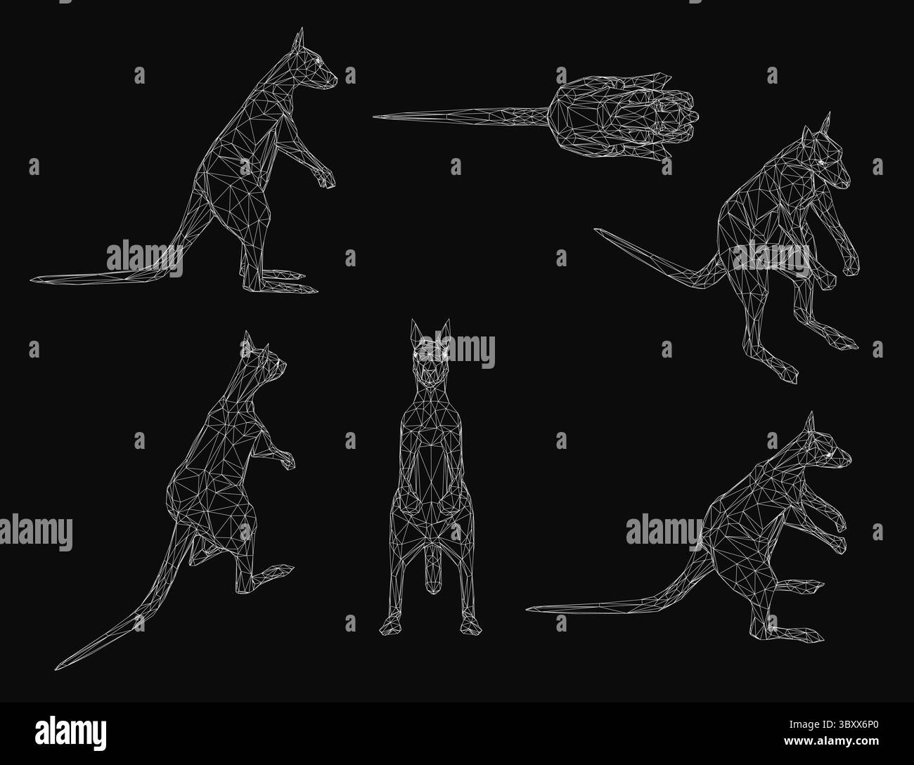 Six low poly kangaroos arranged symmetrically on a black background ...