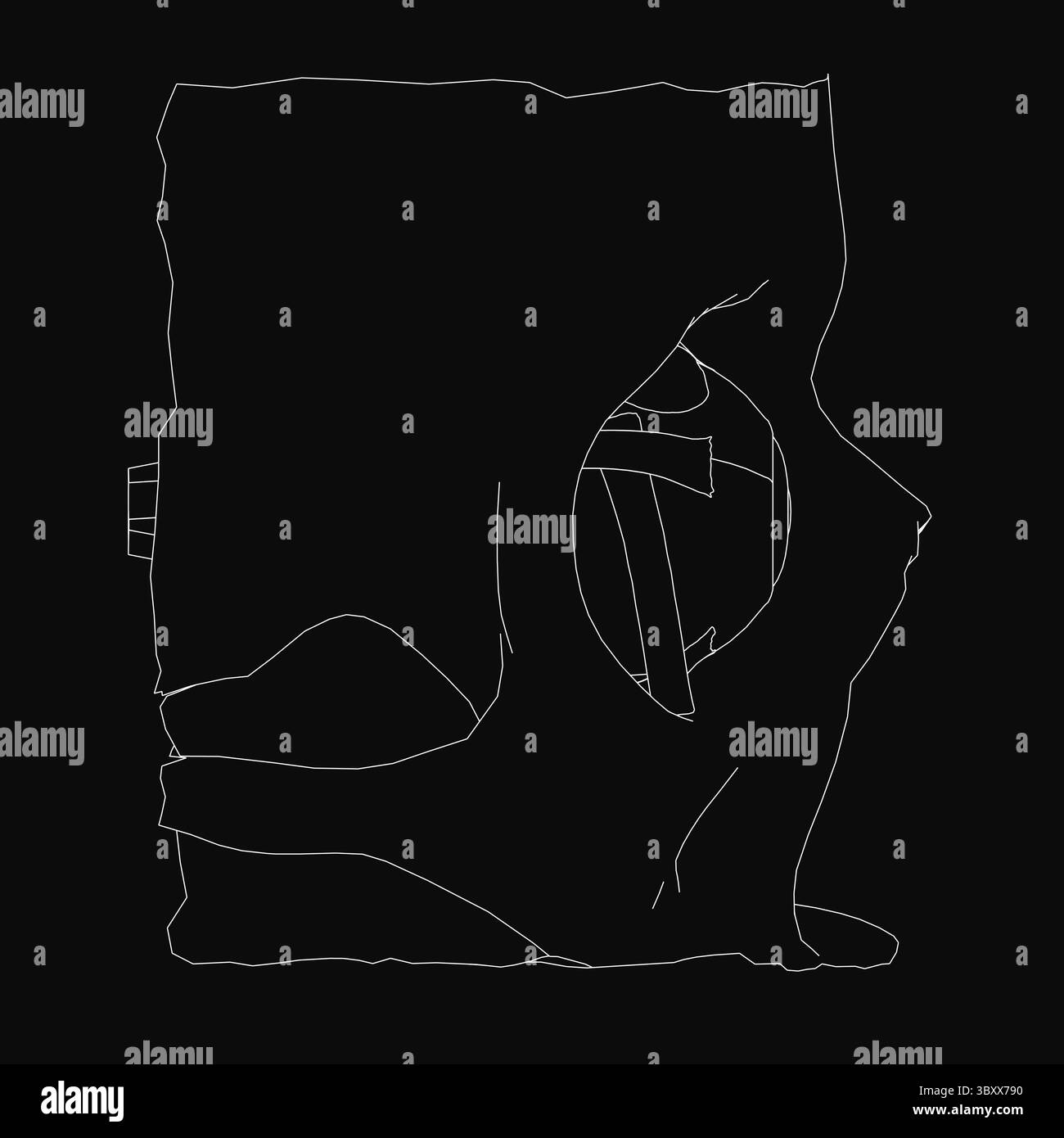 A human skull fragment with an eye, showing internal eye structure in white line contour on ...