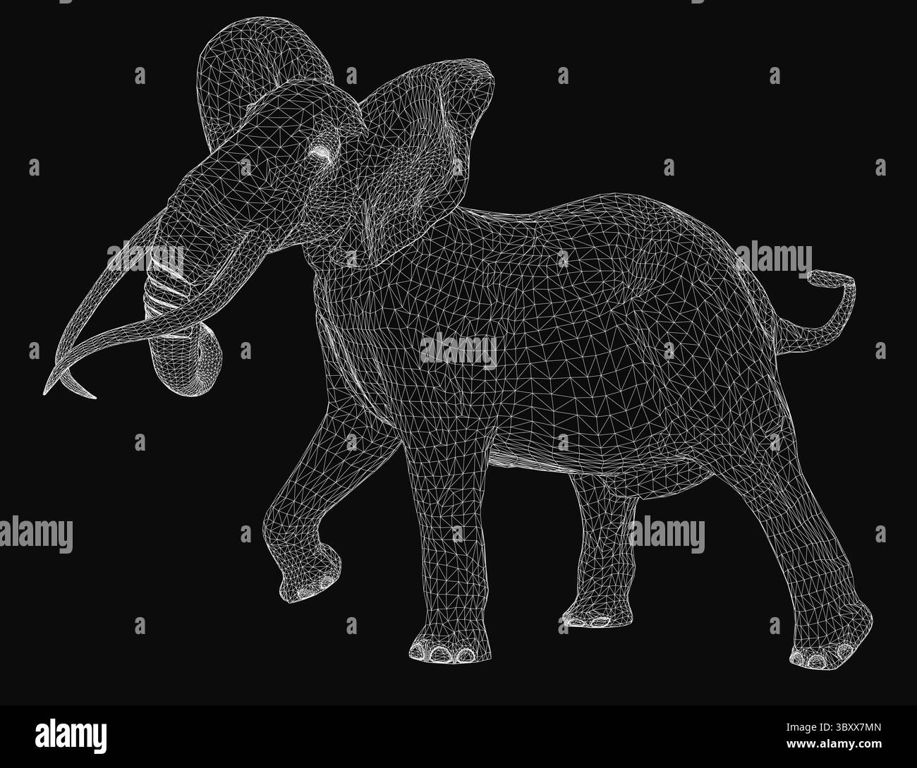 Wireframe elephant rendered in 3D with realistic details, featuring a ...