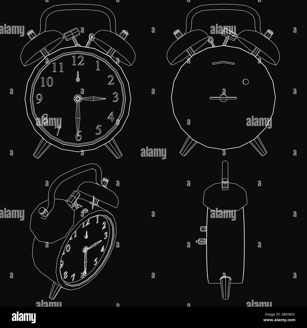 Alarm clocks with white faces and black numbers are arranged in a ...
