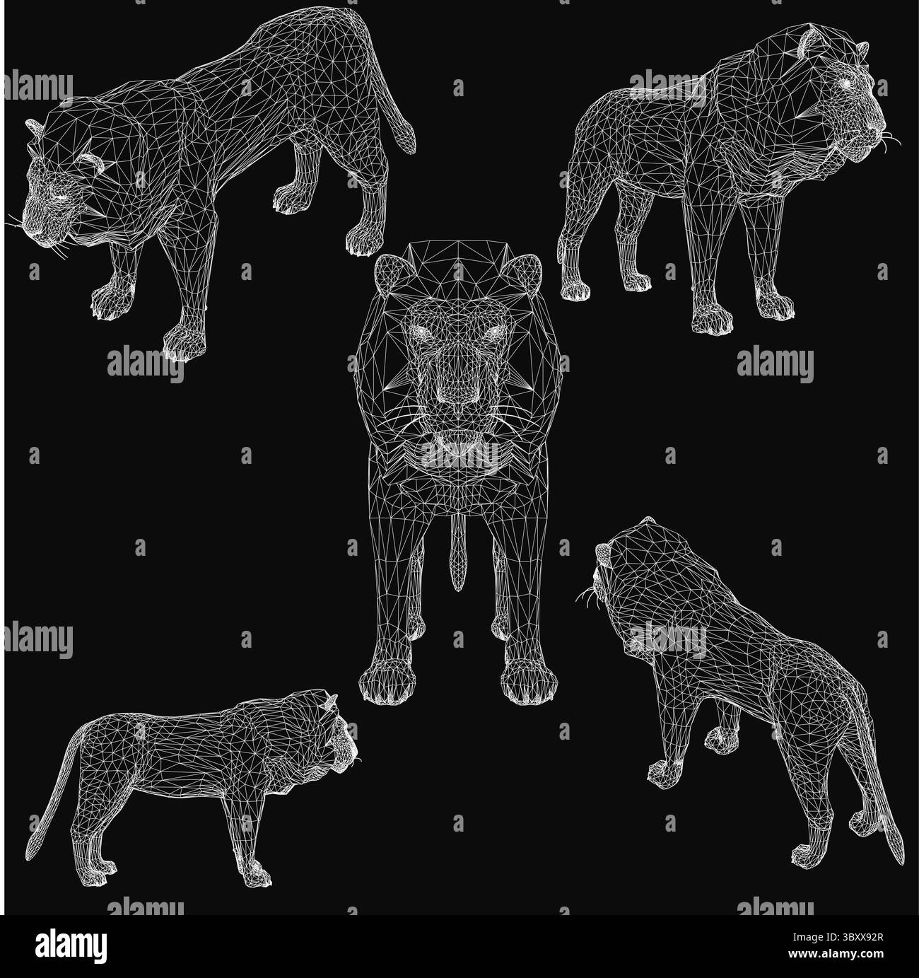 3D tiger models arranged symmetrically on a black background, each with ...
