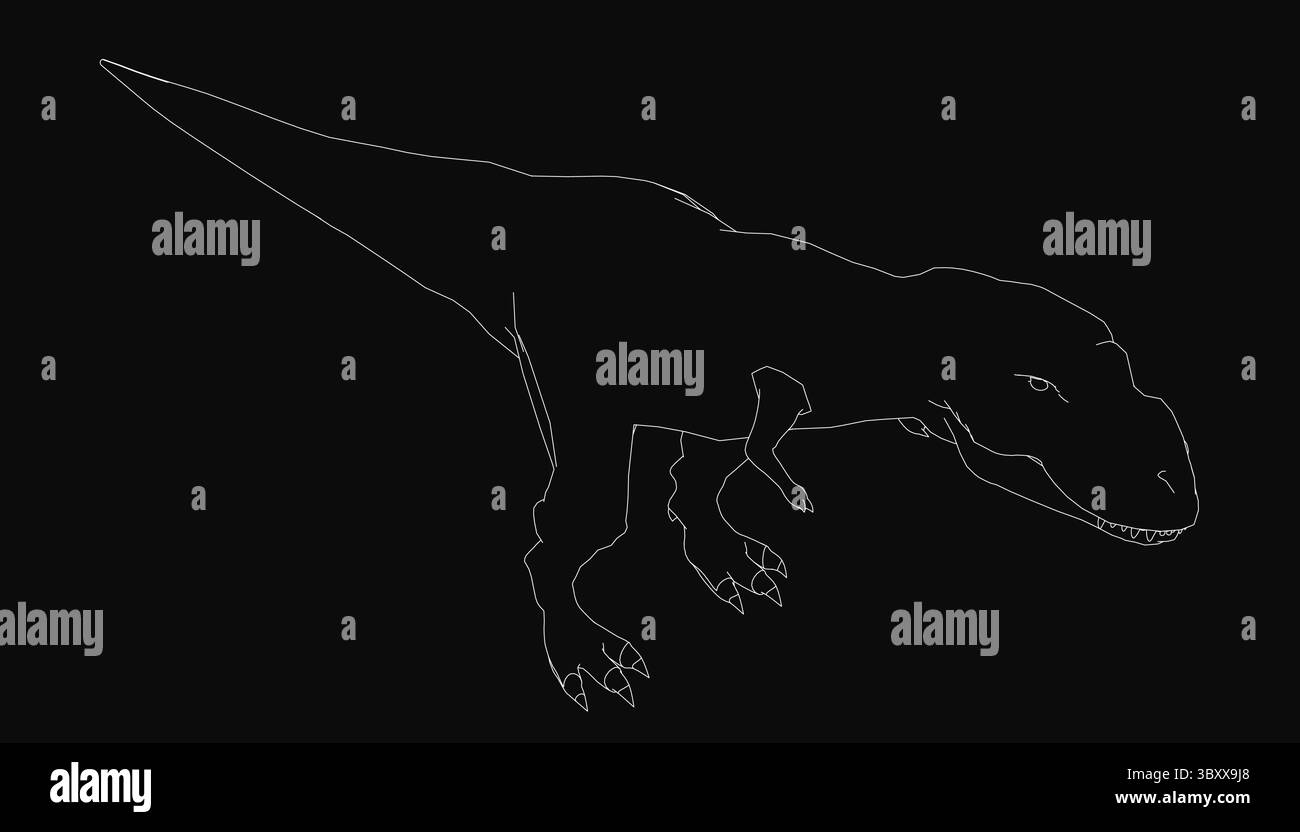 T-Rex line drawing in black and white, showcasing sharp teeth and ...