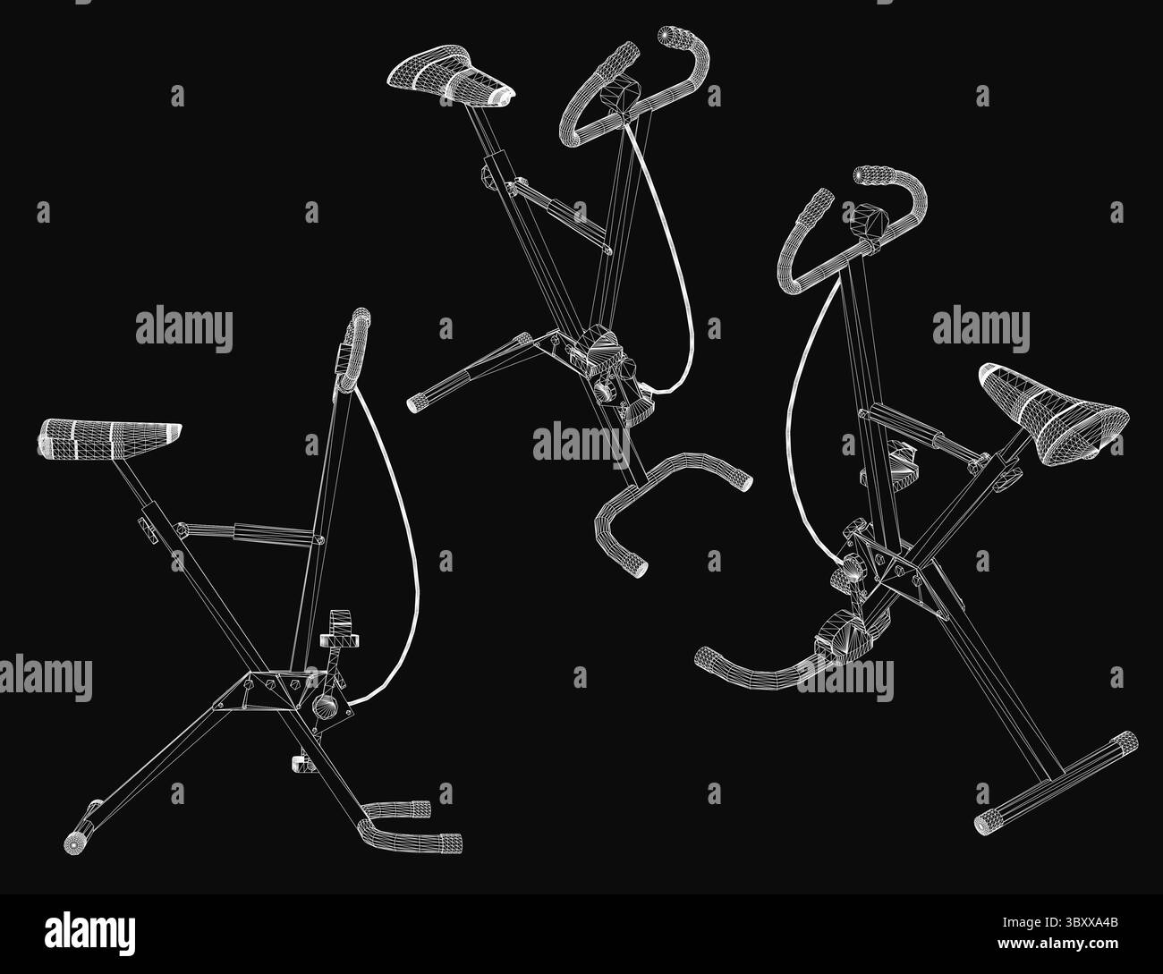 Three stationary exercise bikes in a black and white drawing, arranged ...