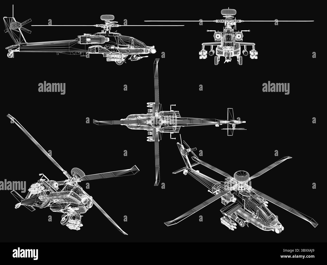 A 3D model blueprint of a combat helicopter on a black background ...