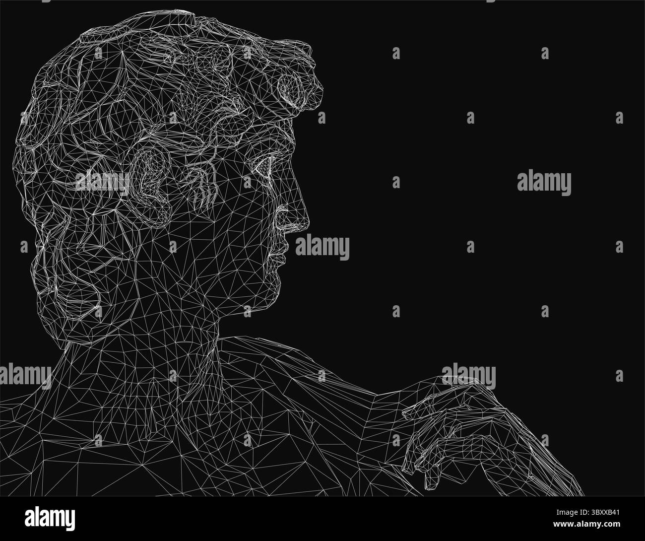A black and white wireframe portrait of a man resembling the statue of ...
