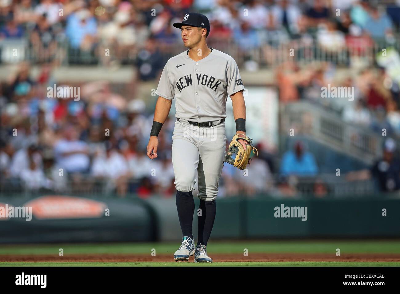 New York Yankees shortstop Anthony Volpe looks on during the first ...