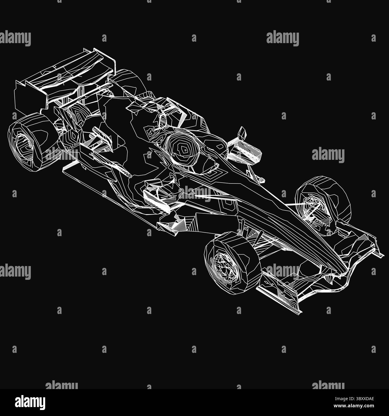 Detailed blueprint of a Formula 1 car with intricate vector lines and ...